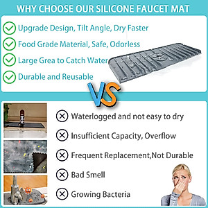 Encoli Silicone Faucet Splash Guard Mat Drip Catcher -Slanted Floor AUTO Drain Water, Sink Draining Pad Behind Faucet, Backsplash Guard, for Kitchen Bathroom Bar Countertop (Grey)