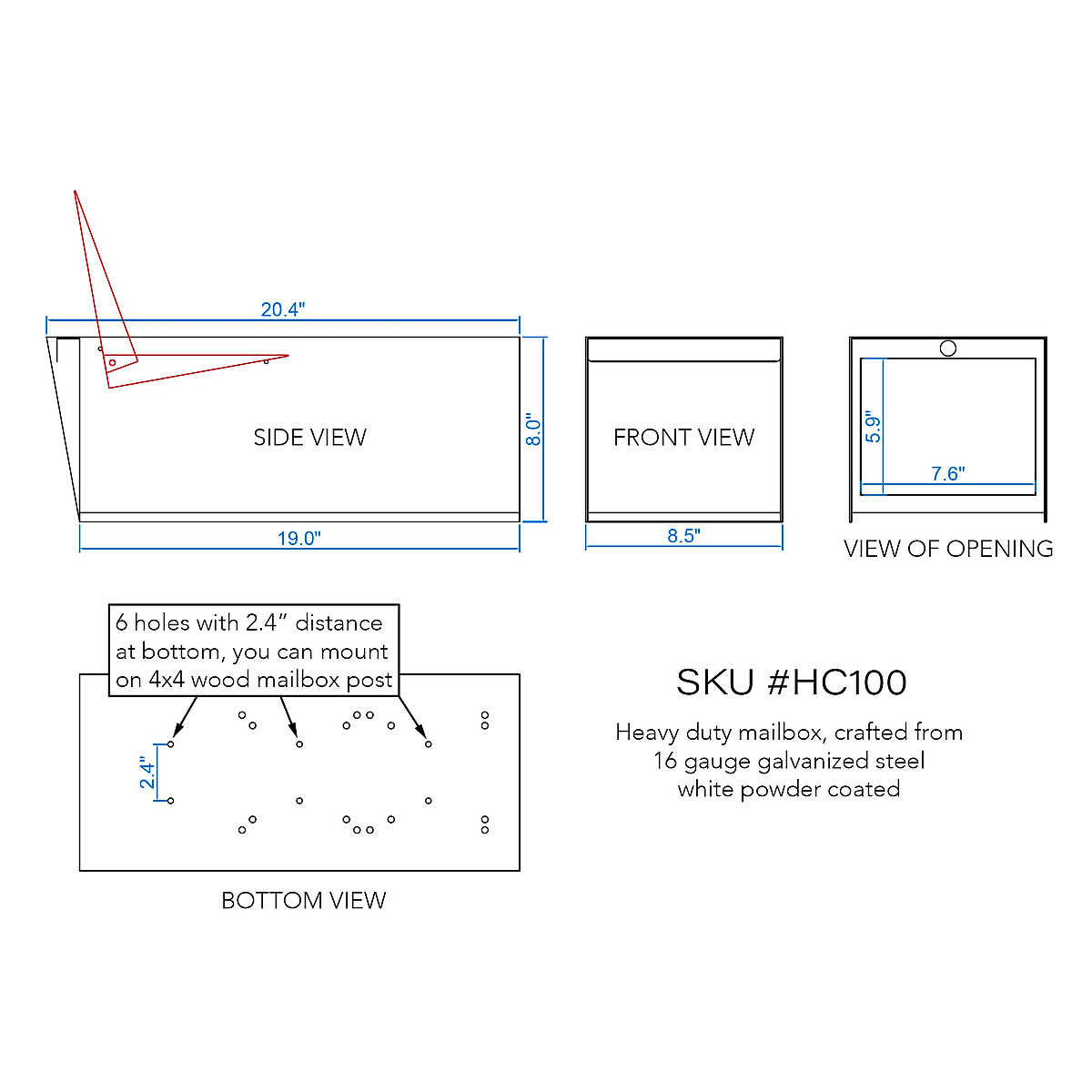 Rusty Design Modern Post-Mounted Mailbox with Personalized Address Numbers, Small Size #HC100 (with Four Address Numbers)