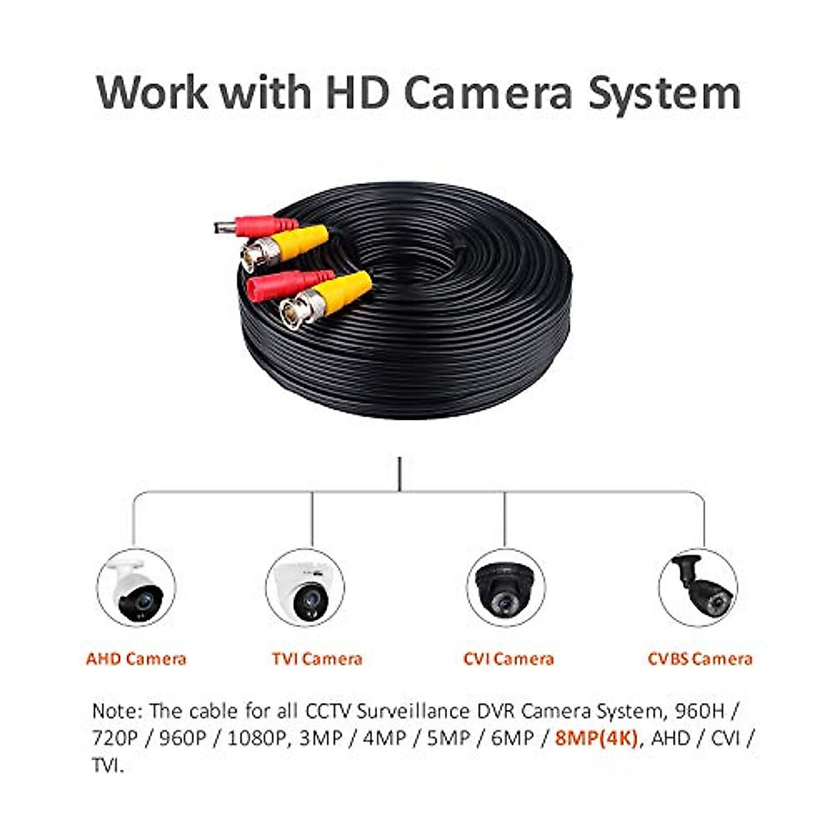 Tonton 4K 8MP 5MP 4-Pack 100 Feet 30 Meters Pre-Made All-in-One BNC Cables for Security Camera System,CCTV, DVR, Surveillance System, with BNC Connectors and RCA Adapters
