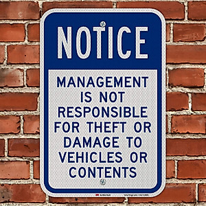 SmartSign - K-8583-HI-12x18 "Notice - Management Is Not Responsible For Theft Or Damage To Vehicles" Sign | 12" x 18" 3M High Intensity Grade Reflective Aluminum