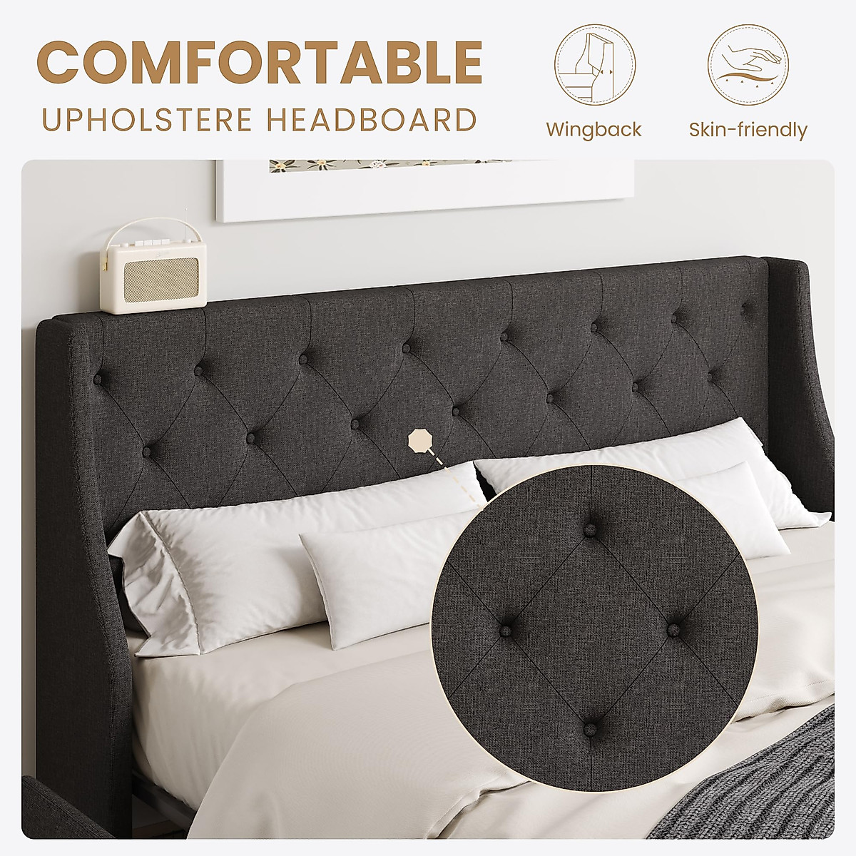 SHA CERLIN King Size Platform Bed Frame with 4 Storage Drawers and Wingback Headboard, Diamond Stitched Button Tufted Design, No Box Spring Needed, Dark Grey