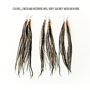 Feather Headz Bohemian handmade Black & Grizzly long lightweight feather dangle earrings for women