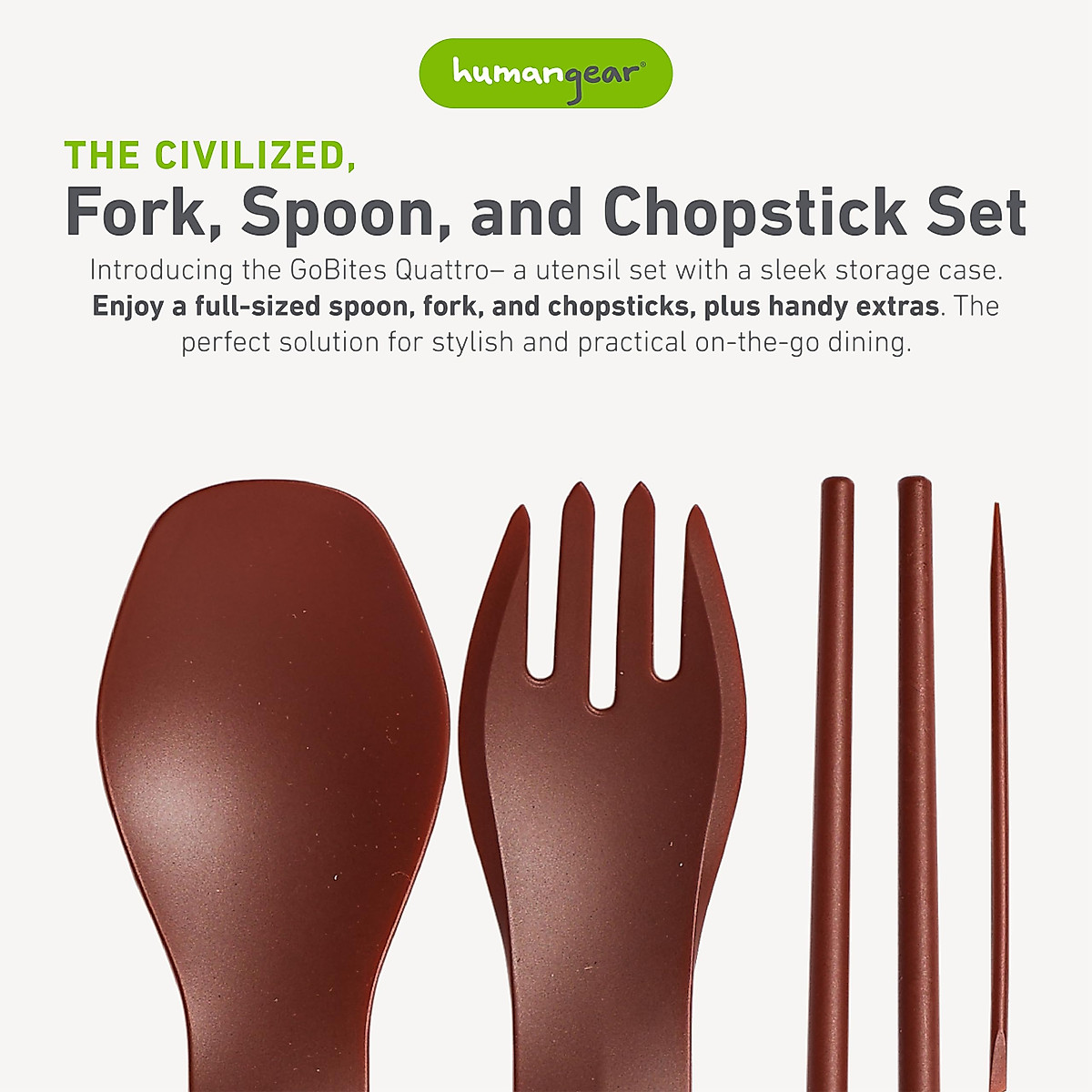 Humangear GoBites Quattro | Travel & Camping Utensils | Portable & Convertible Dining Ware | Multi-Functional Fork, Spoon, Chopsticks, Red