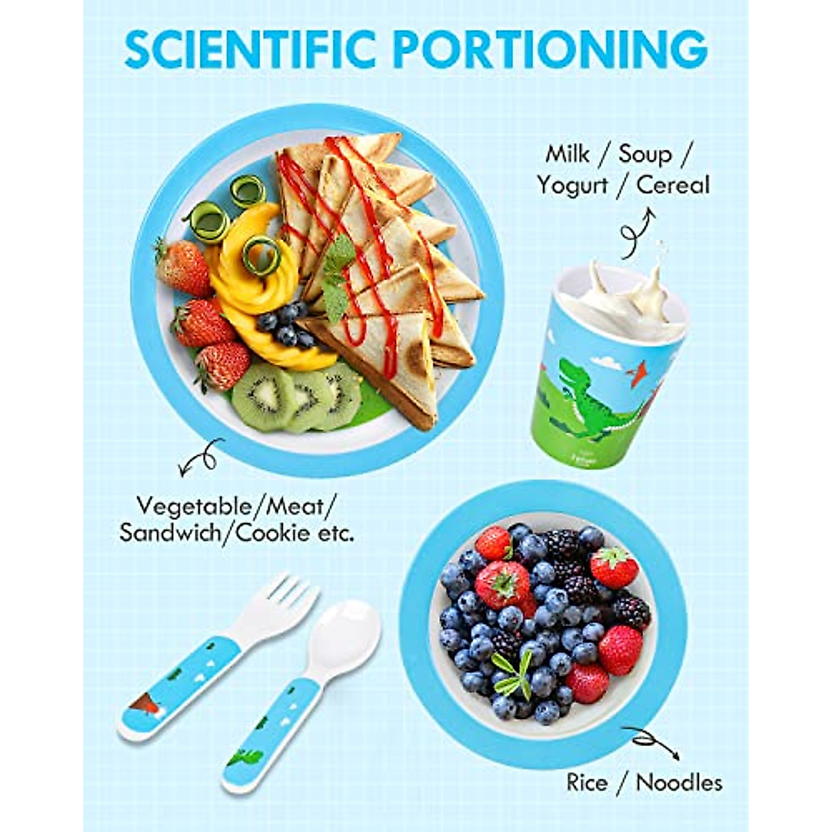 Lehoo Castle Kids Plates and Bowls Sets, 5 Piece Baby Feeding Set - Includes Plate, Bowl, Cup, Fork and Spoon Utensil Flatware, Kids Dinnerware Set for Kids, Toddlers (Dinosaur)