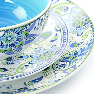 Elama Blue Crush 16 Piece Round Porcelain Dinnerware Set Mandala Paisley