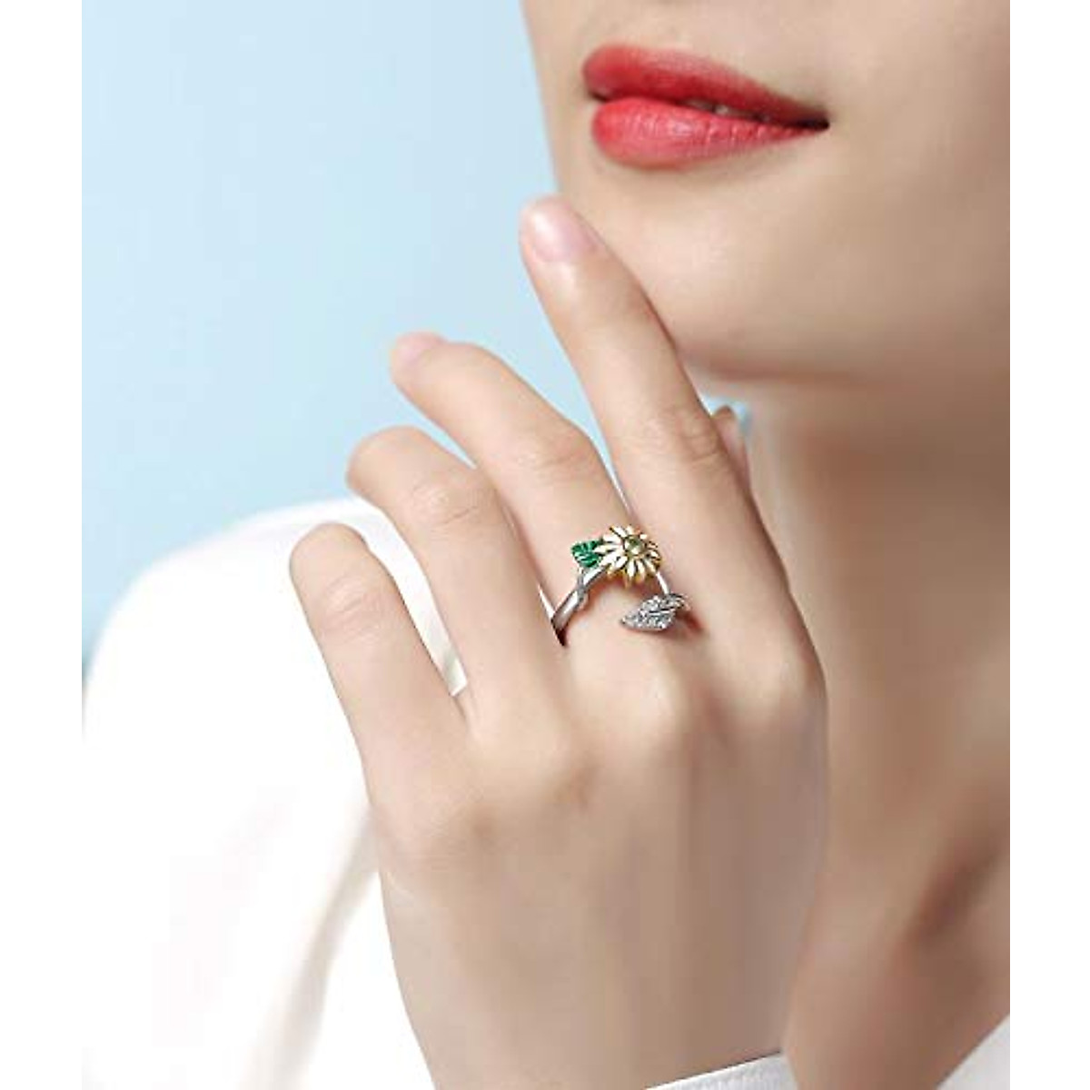 Hewayiu You are My Sunshine Sunflower Enameled CZ Heart Stainless Steel Ring Promise Eternity Band Cocktail Party Rings Adjustable Size 5-10