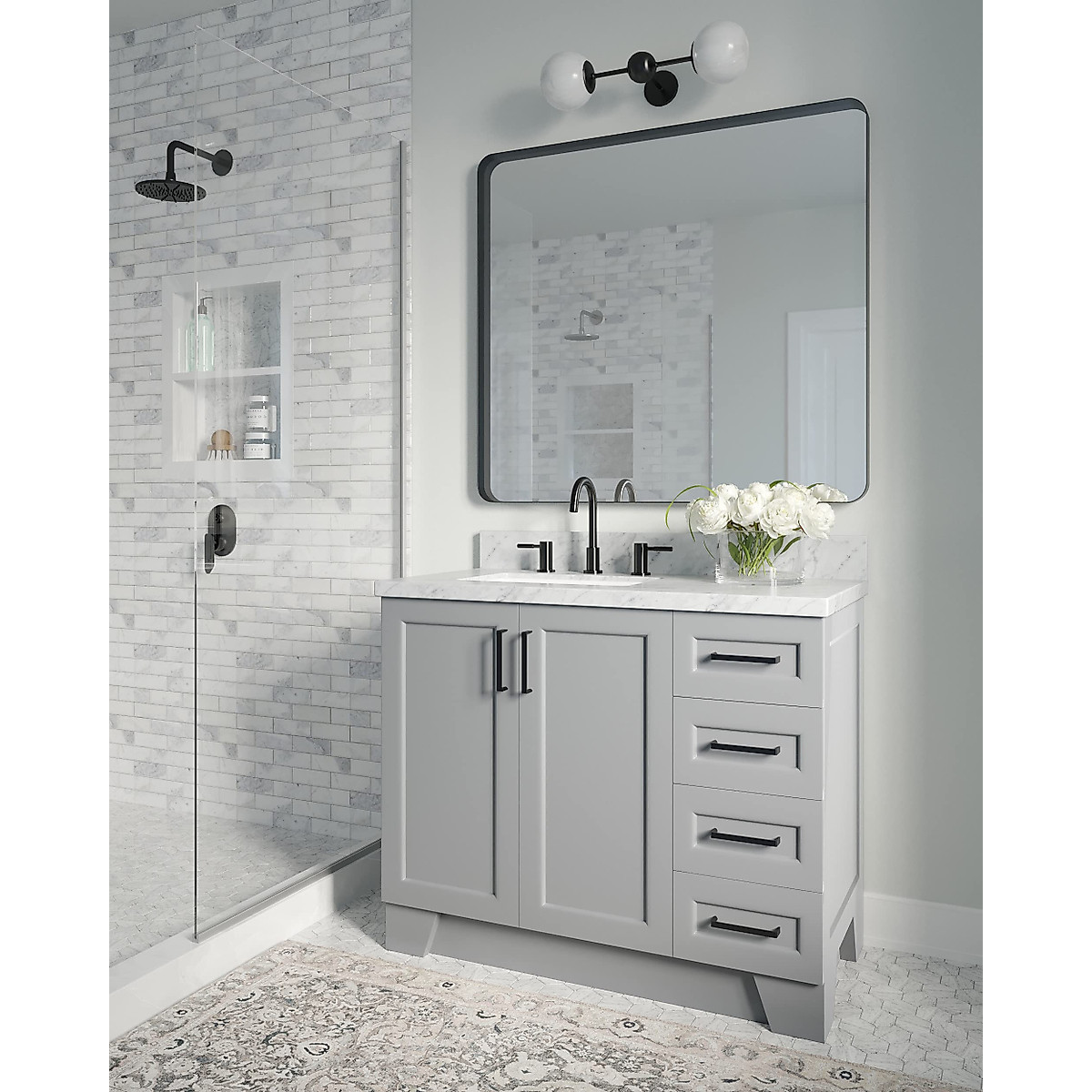 ARIEL 43" Grey Bathroom Vanity with 1.5" Edge Italian Carrara Marble Countertop & Backsplash, Left Oval Sink, 2 Soft Closing Doors, 5 Full Extension Dovetail Drawers, Toe Kick, Matte Black