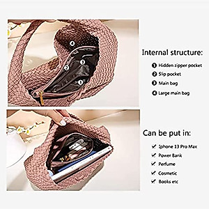 HDHTB Woven Tote Bag, Women Macaron Soft Leather Weave Handbag Purse Wrist Bag Large Capacity Work Shopping Travel Daily (Beige)