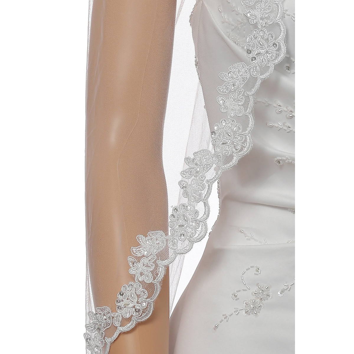 SAMKY 1T 1 Tier Floral Scallop Embroided Lace Pearl Veil - Light Ivory Fingertip Length 36" V471