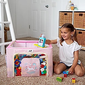 Foldable Big Toy Chest for Boys & Girls - Stylish Oxford Cloth Bedroom Play Room Organization Collapsible Storage Box with Side Pocket & Window - Versatile Kids Toy Bin - Pink, 19.7" x 15.7" x 13.0"