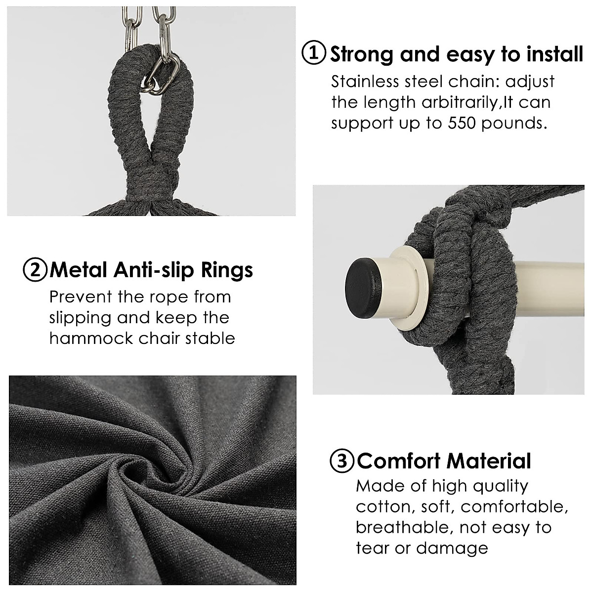 Y- STOP Hammock Chair Hanging Rope Swing, Max 500 Lbs, 2 Cushions Included, Large Macrame Hanging Chair with Pocket, Cotton Weave for Superior Comfort, Durability (Dark Grey)