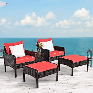 Tangkula Wicker Furniture Set 5 Pieces PE Wicker Rattan Outdoor All Weather Cushioned Sofas and Ottoman Set Lawn Pool Balcony Conversation Set Chat Set
