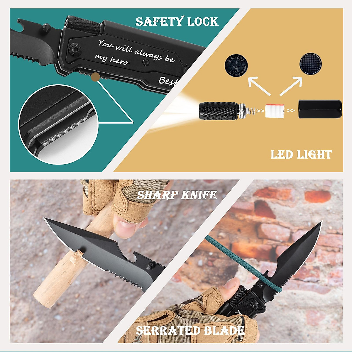 Gifts for Dad Men-Christmas Stocking Stuffers for Dad-Engraved Pocket Knife, 7 in 1 Multitool Folding Knives with LED Light, Unique Camping Hunting Presents for Dad