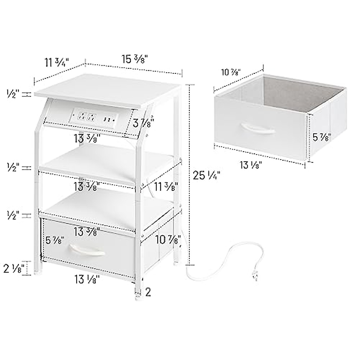 Labcosi White Nightstands with Fabric Drawer, 25" Tall Bedside Table with Charging Station, Bedroom End Tables and Dresser, 2 Pack