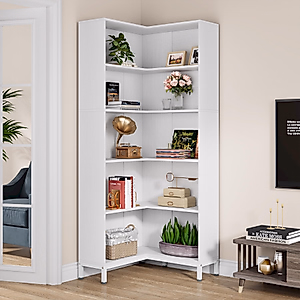 LITTLE TREE 70.8-in Tall Bookcase, 6-Tier White L-Shaped Bookshelf, Modern Corner Bookcase Bookshelf, Freestanding Display Storage Rack with Back Panel for Living Room, Bedroom