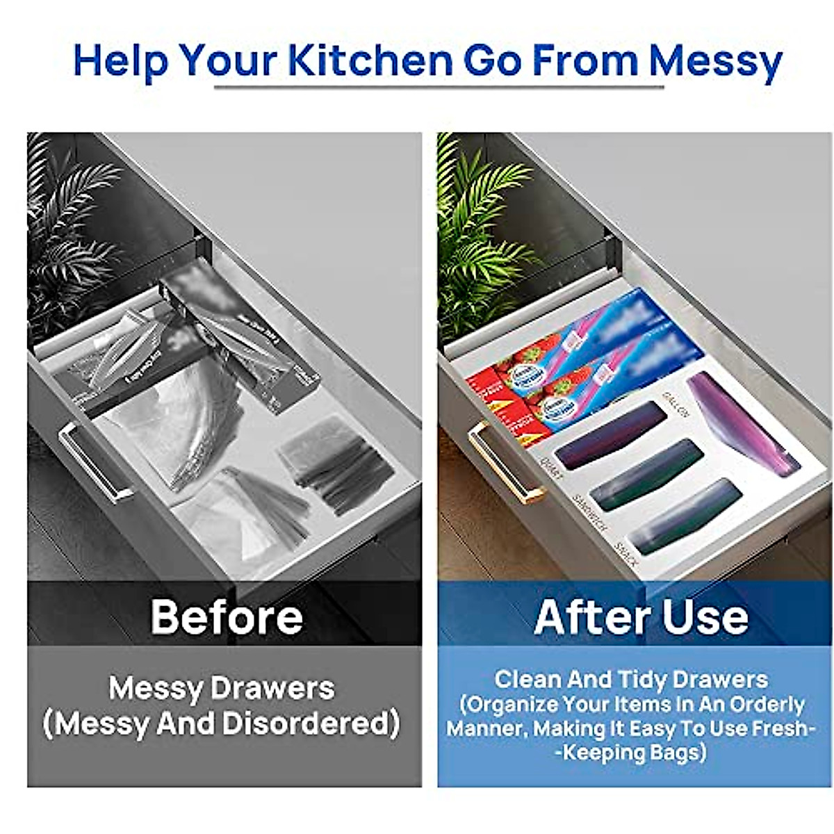 RNOONY Food Storage Bag Organizer, Gallon Quart Snack Sandwich and Slider Bag Dispenser for Kitchen Drawer(1 Box 4 Slots)