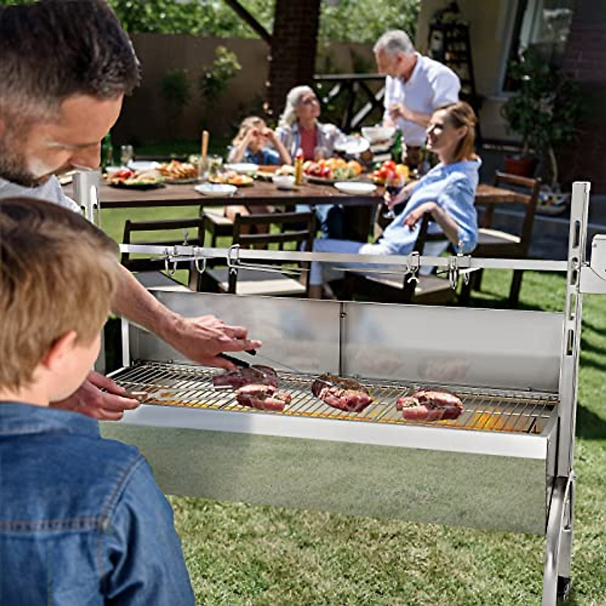 VEVOR Rotisserie Grill 132lbs Capacity, 50 Inch Stainless Steel Pig Lamb Spit Grill Roaster, with 40W Motor & Adjustable Height Lockable Casters & Baffle for Outdoor Camping Party Campfire Barbecue