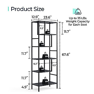 LINSY HOME Bookshelf, 5 Tier Wood and Metal Book Shelf, 68 Inches Display Tall Bookcase, Open Display Shelves for Living Room Bedroom Home Office, Black