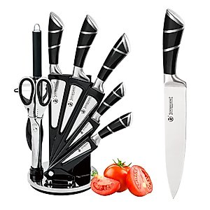 Knife Set, 9-Piece Black Professional Kitchen Knife Set for Chef, Super Sharp Knife Set with Acrylic Stand, Stainless Steel Knife Block Set for Kitchen with Sharpener and Scissors, Ergonomical Design
