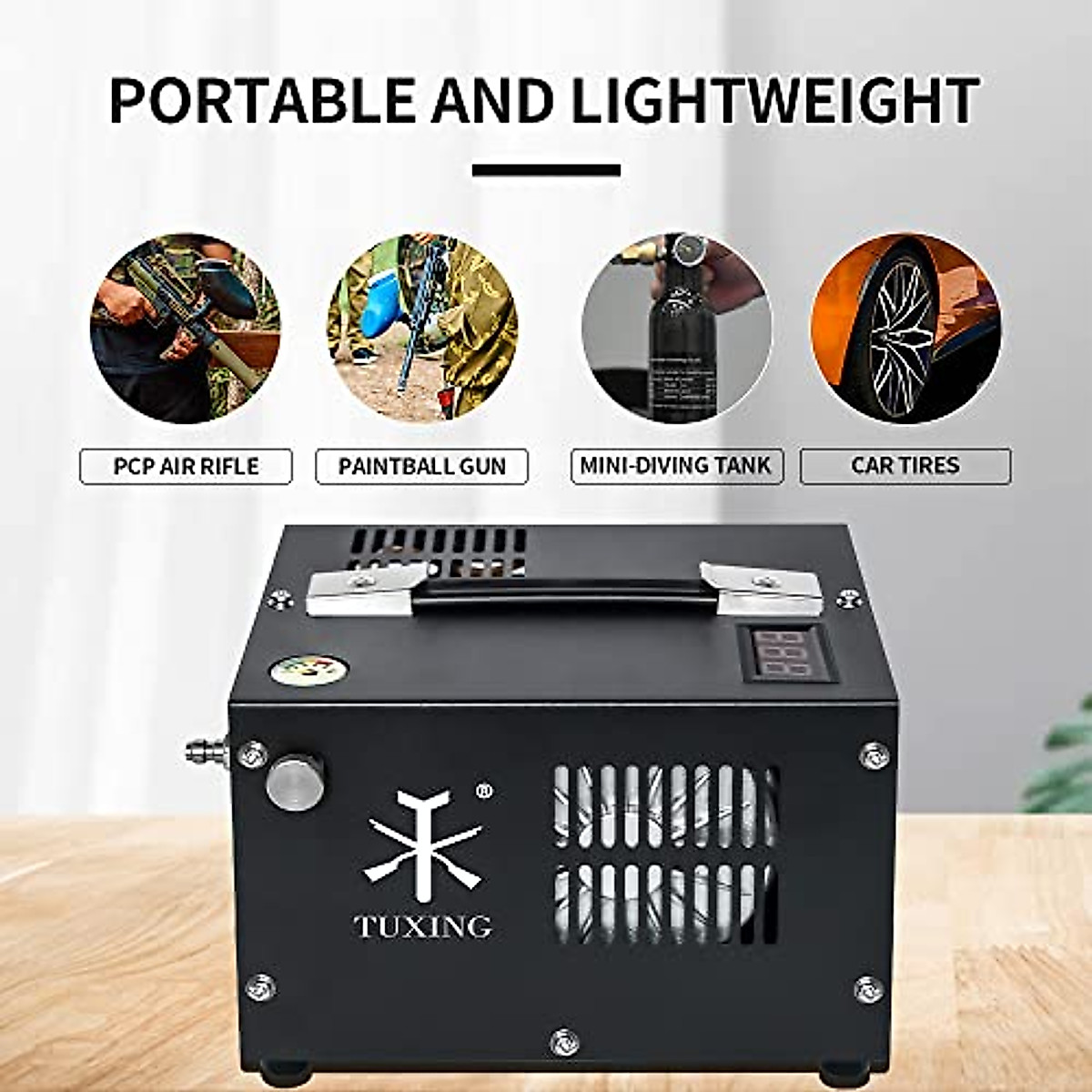 TUXING 4500Psi Portable Pcp Air Compressor,Small air compressor Powered by Car 12V or Home 110V AC,8MM Quick-Connector Compatible for pcp air gun with Water/Oil Separator