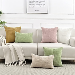 Fancy Homi Tan Lumbar Decorative Throw Pillow Covers 12x20 Inch for Living Room Couch Bed Sofa, Boho Home Decor, Soft Striped Corduroy Rectangle Accent Beige Cushion Case 30x50 cm