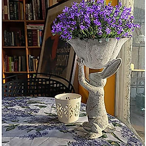 Antique White Cast Iron Rabbit with Flower Bird Feeder - 6 Inch Plant Pot or Feeder - (Cute Planter for Garden Decor for Outside)