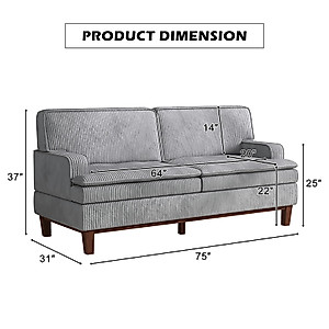 EBELLO 75” Soft Luxury Corduroy Fabric Sofa, Small 3 Seat Sofa for Living Room with Padded Seat, Overstuffed Backrest, Solid Wood Frame Small Sofa for Small Space, Apartment, Grey