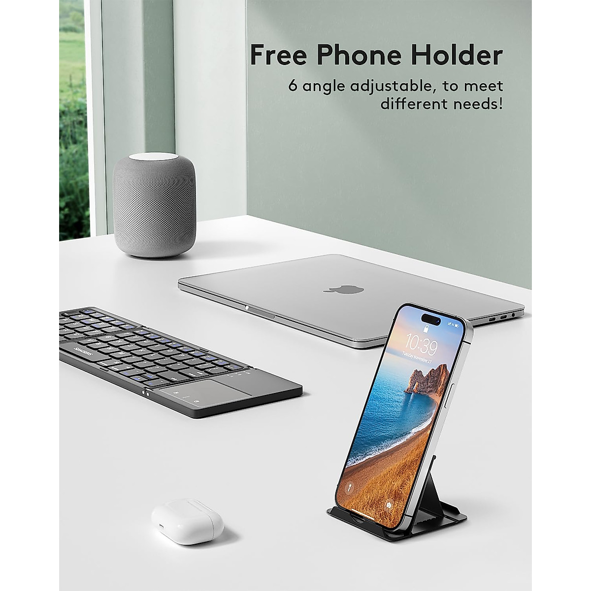 Samsers Foldable Bluetooth Keyboard with Touchpad Portable Wireless Keyboard with Stand Holder, Rechargeable Full Size Ultra Slim Pocket Folding Keyboard for Android Windows iOS Tablet & Laptop-Gray