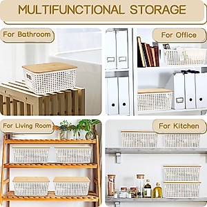 MOSANEE Small Plastic Storage Bins with Bamboo Lids 6 Packs,Decorative Storage Containers,Stackable Baskets for Organizing with Cute Label for Shelves Cabinets Pantry Playroom Office Home,Cream White