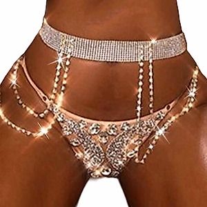 Salliy Boho Rhinestone Bikini Chain Set Silver Sexy Sequins Mesh Body Chains Summer Bra Body Jewelry for Women (Waist chain)
