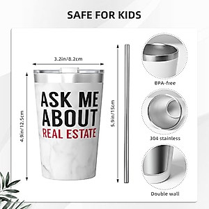Ask Me About Real Estate Gifts for Women Men Insulated Coffee Mug 12oz Iced Coffee Tumbler Cup with Flip Lid Double Wall Vacuum Leak-Proof Thermos Mug for Travel Office School Party Camping-II