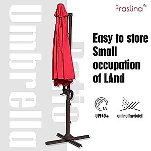 PRASLINA 10 FT Outdoor Patio Umbrella, Cantilever Outdoor Hanging Umbrellas with 360 Degree Rotation, Backyard, Garden Umbrellas with Crank & Cross Base, 8 Ribs(Red)