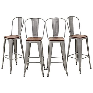 Sophia & William 30" Metal Bar Stools Set of 4 High Back Counter Height Barstools with Wooden Seat,Indoor/Outdoor Barstools,Matte Silver Gray