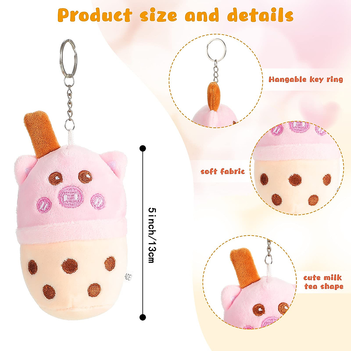 Skylety 8 Pieces 5 Inch Tea Keychain Plush Bubble Tea Key Chain Plush Toy Teacup Milk Tea Plush Stuffed Pendant Bubble Tea Plush for Bubble Tea Lover Kids Teens Party Favors, 8 Styles