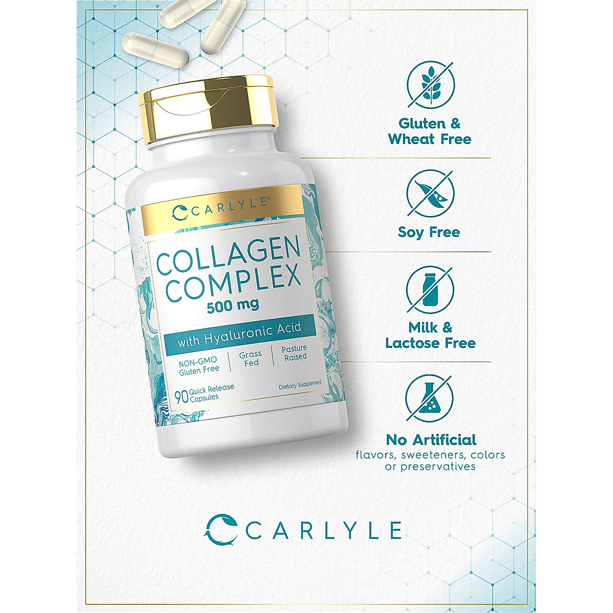 Carlyle Collagen Pills with Hyaluronic Acid 500mg | 90 Capsules | Hydrolyzed Collagen Supplement | Non-GMO, Gluten Free