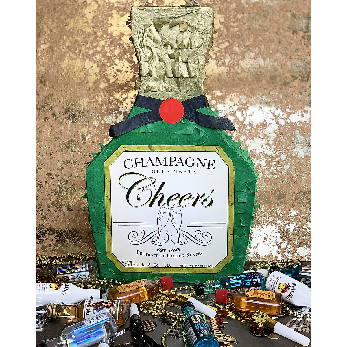 Champagne Piñata with Stick, 17X10 inches, Perfect for New Years 21st Birthday Decorations, Graduation, and Wedding Props. Fits party favor