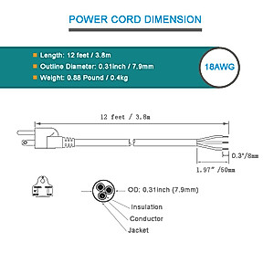 12FT 18AWG Power Cord Pigtail 3 Prong Open Wiring End Heavy Duty SJT Replacement Power Cord Cable NEMA 5-15P Male Plug, Power Cable 10A, 1200W at 120VAC