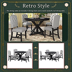 LCH 5-Piece Functional Furniture Retro Style, Extendable Round Set with Table and 4 Upholstered Chairs for Dining Living Room (Espresso)