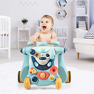 HONEY JOY Sit-to-Stand Learning Walker, 3-in-1 Push Pull Baby Walker W/Wheels, Convertible Ride On Toy Car, Kids Educational Activity Center W/Sound & Light for Toddler Infants Boy Girl (Blue)