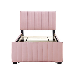 CITYLIGHT Upholstered Twin Bed with Trundle Bed Under,Velvet Twin Size Platform Bed with Headboard,Wood Twin Trundle Bed for Kids Girls Boys,No Box Spring Needed,Pink