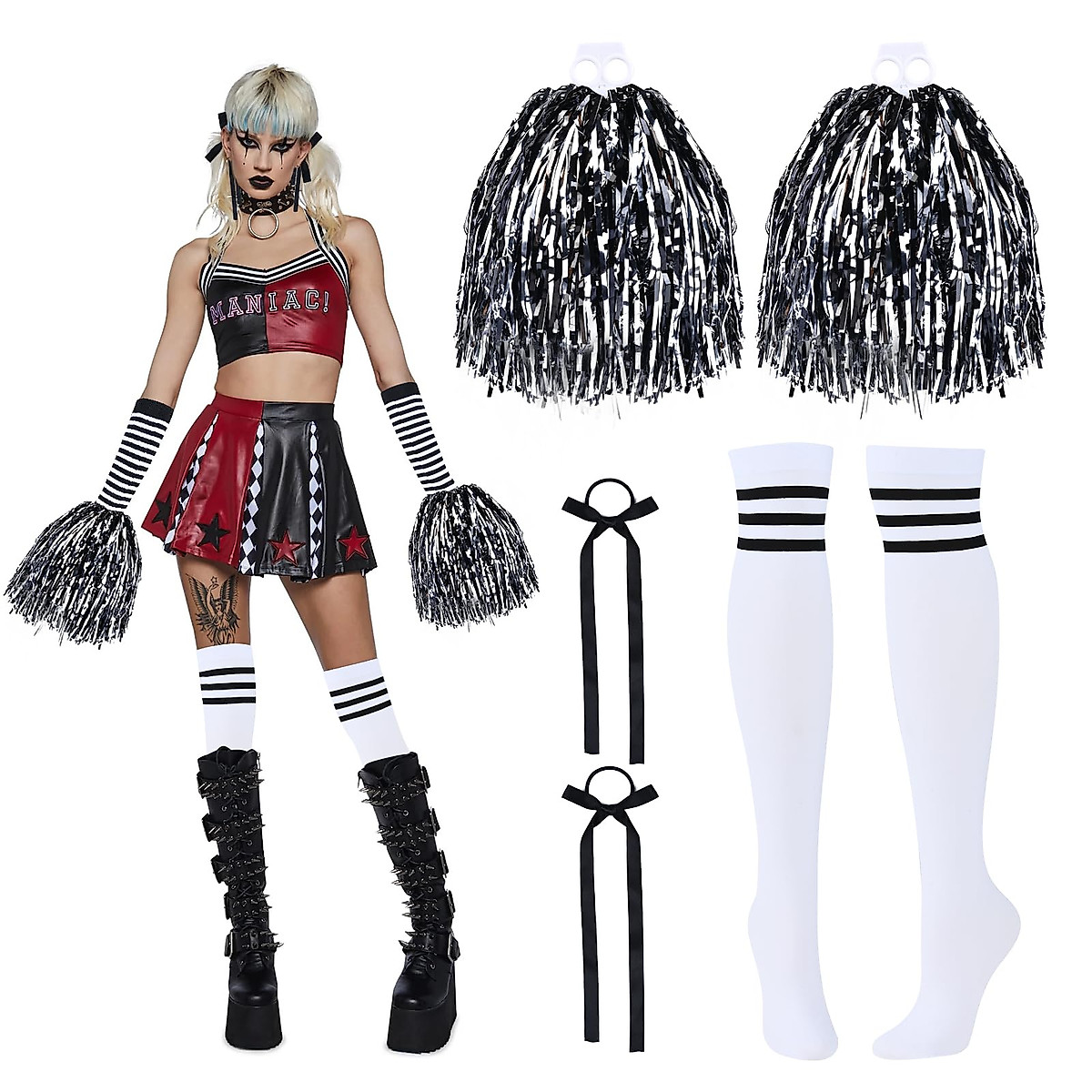 Matiniy Halloween Zombie Cheerleader Costume for Women Girls Include Pom Poms Striped Socks Arm Warmer Hair Ropes Sticker(Adult)