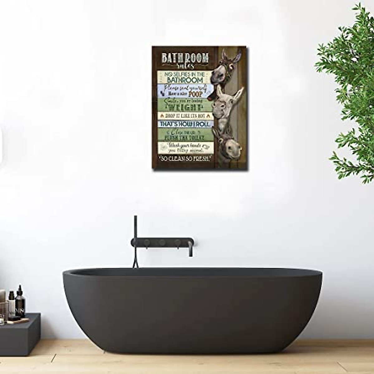 Funny Bathroom Decor Wall Art Donkey Bathroom Rules Wall Decor Rustic Farmhouse Bathroom Signs Canvas Painting Print Bathroom Pictures Decor Artwork Framed Bath Laundry Toilet Home Decoration 12"x16"