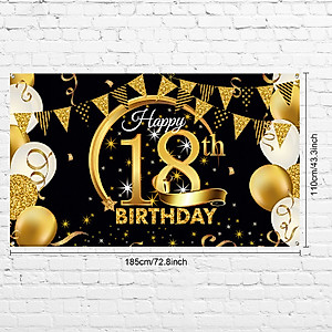 Happy 18th Birthday Party Decorations Kit, Black Gold Glittery Happy 18th Birthday Backdrop Banner Balloon 18th Birthday Hanging Swirls for Men Women 18th Birthday Party Decorations Supplies