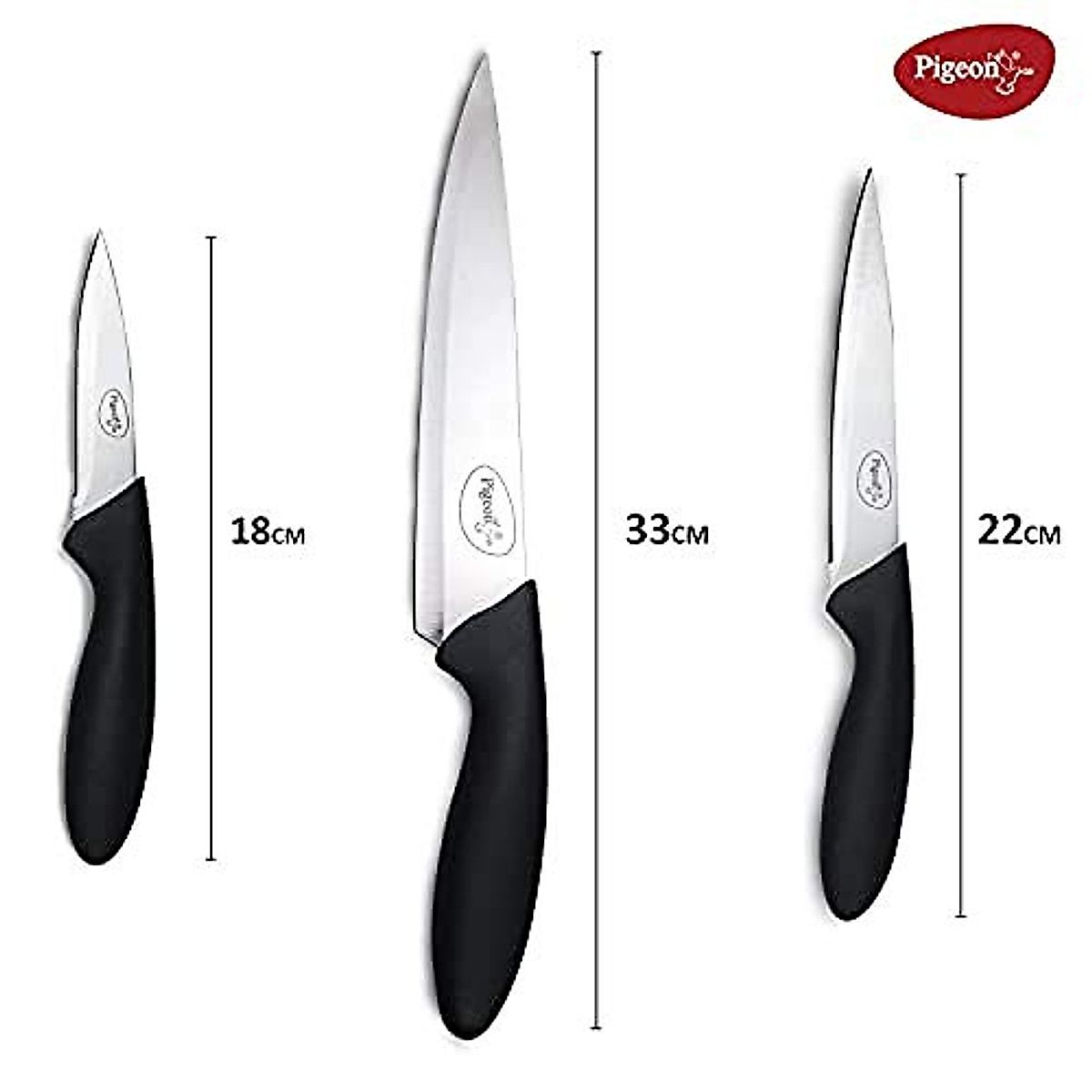 Pigeon 3-Piece Knife Set with Contoured Handle, Utility, Paring & Chef's Knife Set for Kitchen, Razor-Sharp Stainless Steel Blades, Lightweight, Dishwasher Safe, Ideal For Meat, Veggies, Herbs & Nuts