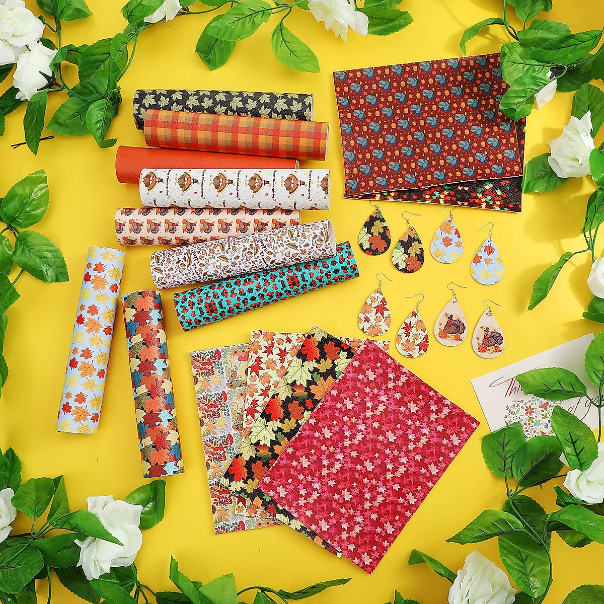 15 Pieces Thanksgiving Faux Leather Sheets Printed Fall Leaves Printed Leather Sheets for DIY, 8.3 x 6.3 Inch