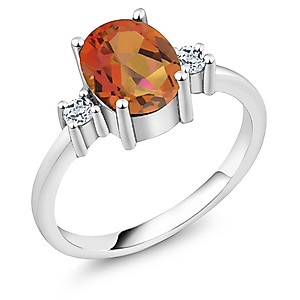 Gem Stone King 925 Sterling Silver Oval Twilight Orange Mystic Quartz and White Topaz Ring For Women (2.46 Cttw, Gemstone Birthstone, Available In Size 5, 6, 7, 8, 9)