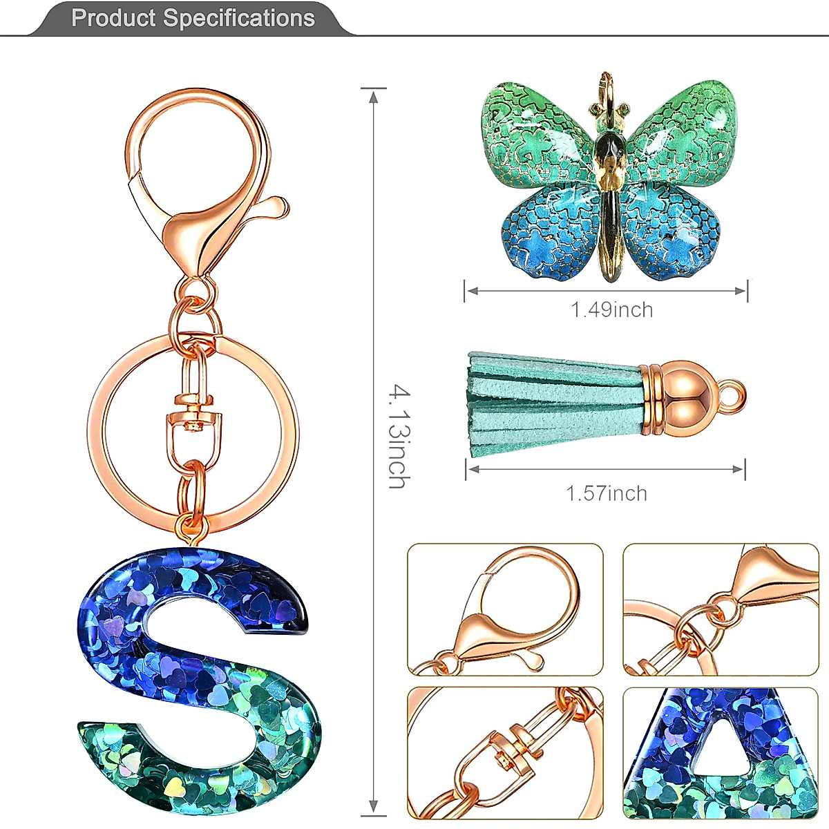 JINGUAZI Initial letter Keychains for Women Tassel Butterfly Pink Purple Cute Car Keychain for Wallet Backpack bag charm (S-Blue Green)