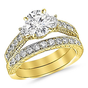 14K Yellow Gold 1.77 CTW Round Cut Three Stone Vintage With Milgrain & Filigree Bridal Set with Wedding Band & Diamond Engagement Ring, K Color SI1-SI2 Clarity 0.74 Ct Center