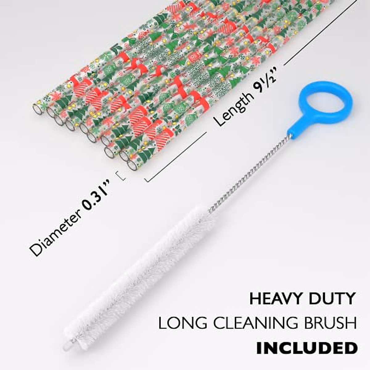 Fiesta First 10 Long Reusable Transparent Hard Plastic Drinking Straws, Christmas Trees Print Design + Sturdy Cleaning Brush - For Kids, Tumblers and Mason Jars - BPA Free