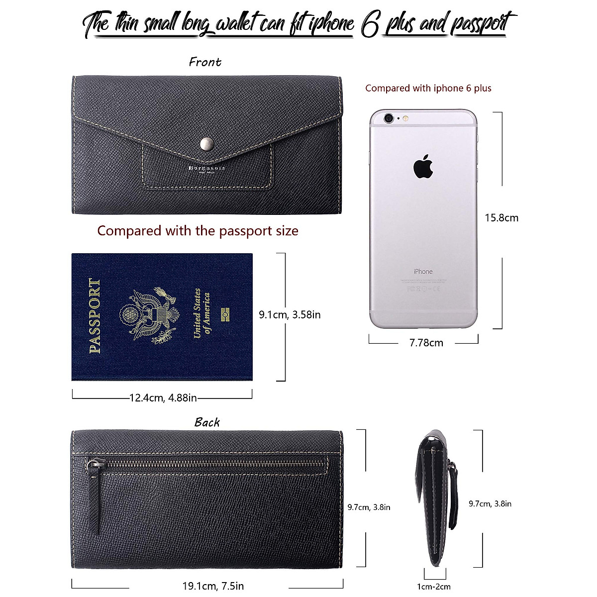 Borgasets Women's Wallet Leather RFID Ultra Thin Envelope Purse Travel Clutch with ID Card Holder and Phone Pocket (Crosshatch Black)